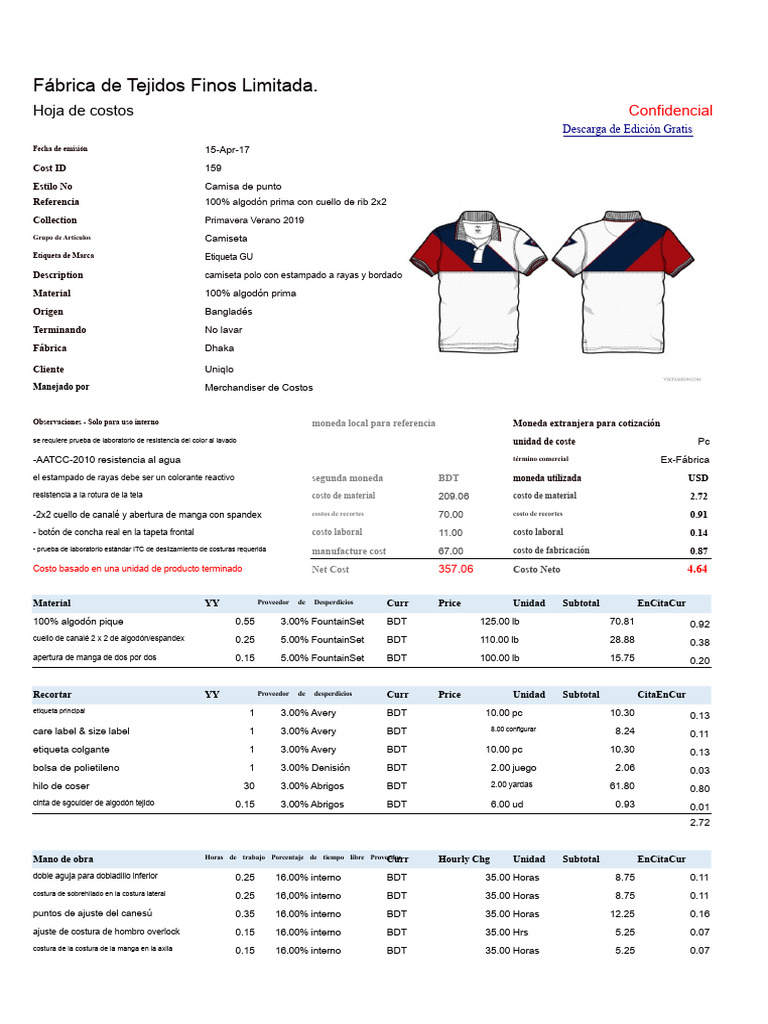 Plantilla_Excel_de_Costos_de_Camisetas_Polo | PDF | Moda | De coser