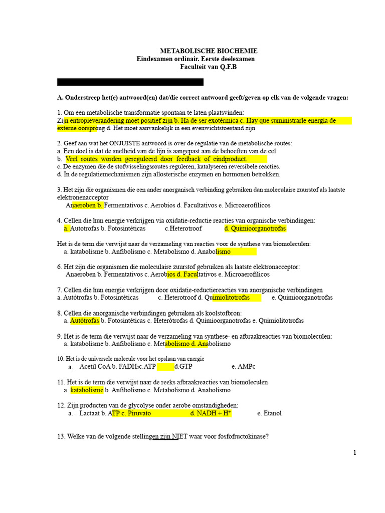 Gewone Tweede Tussentoets - Metabole Biochemie | PDF