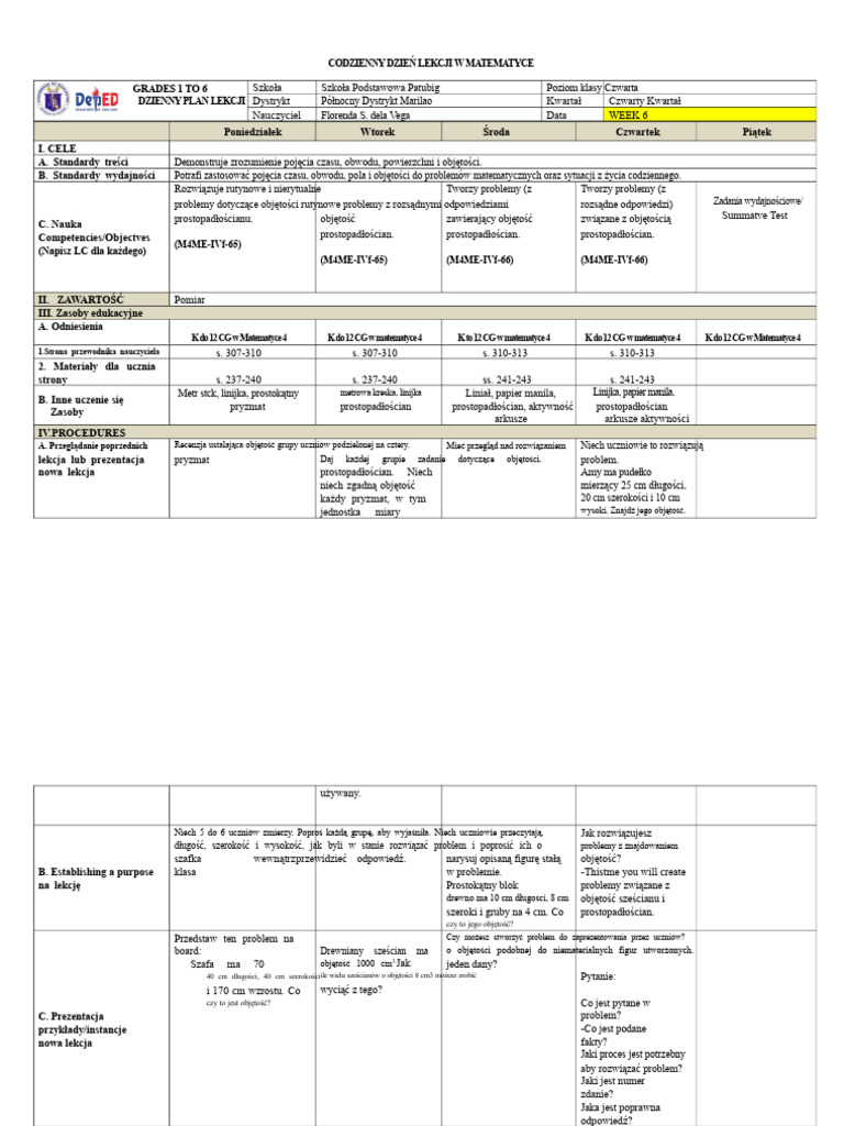 DLL Matematyka Tydzień 6 (4. Kwartal) | PDF
