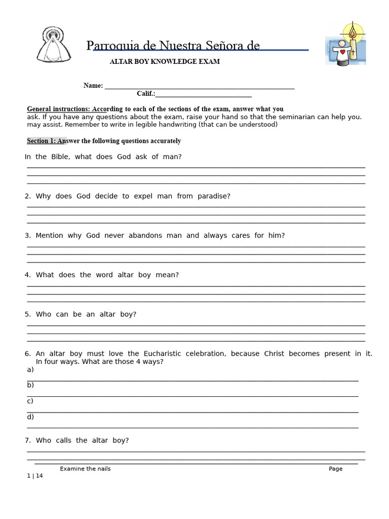 Altar Boy Knowledge Exam Guide | PDF | Eucharist | Mass (Liturgy)