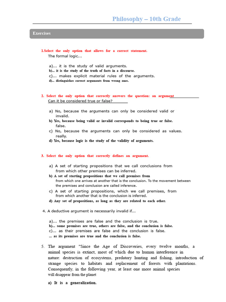 10th Grade Philosophy Exercises | PDF | Argument | Logic