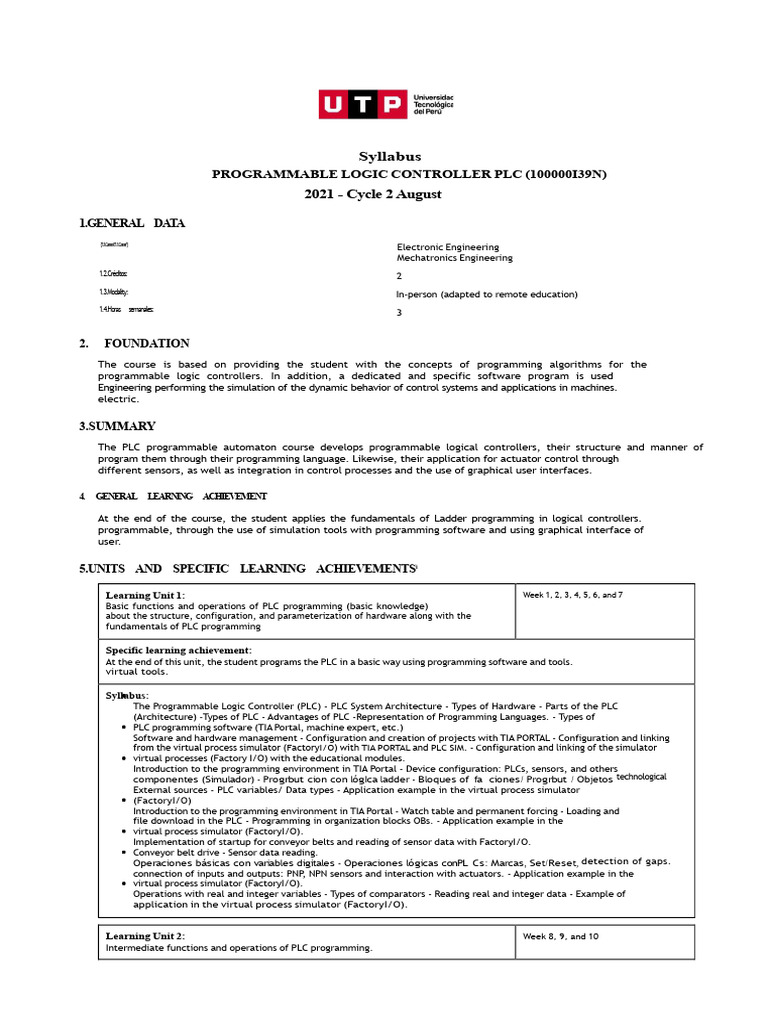 Syllabus of Programmable Logic Controller (PLC) | PDF | Programmable Logic Controller | Simulation