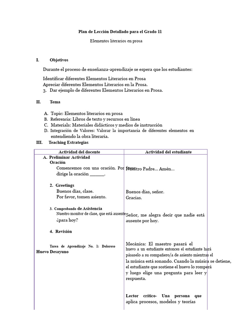 Plan de Lección Detallado para Enseñar Prosa | PDF | Prosa | Narración