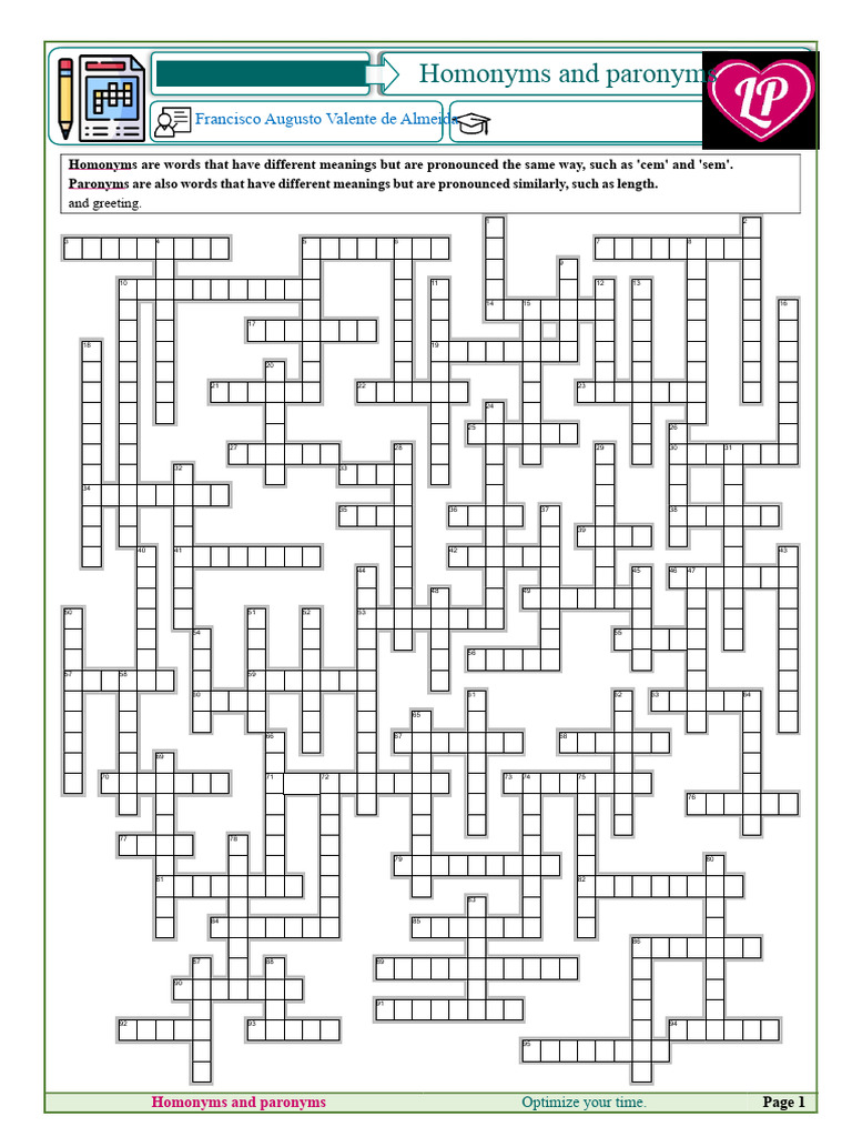 Homonyms and Paronyms - Crossword - Student | PDF