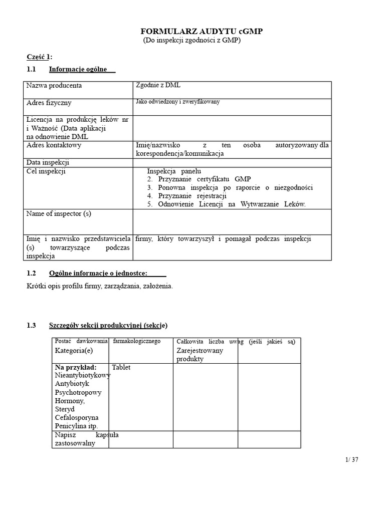 DRAP GMP Lista Kontrolna Audytu | PDF