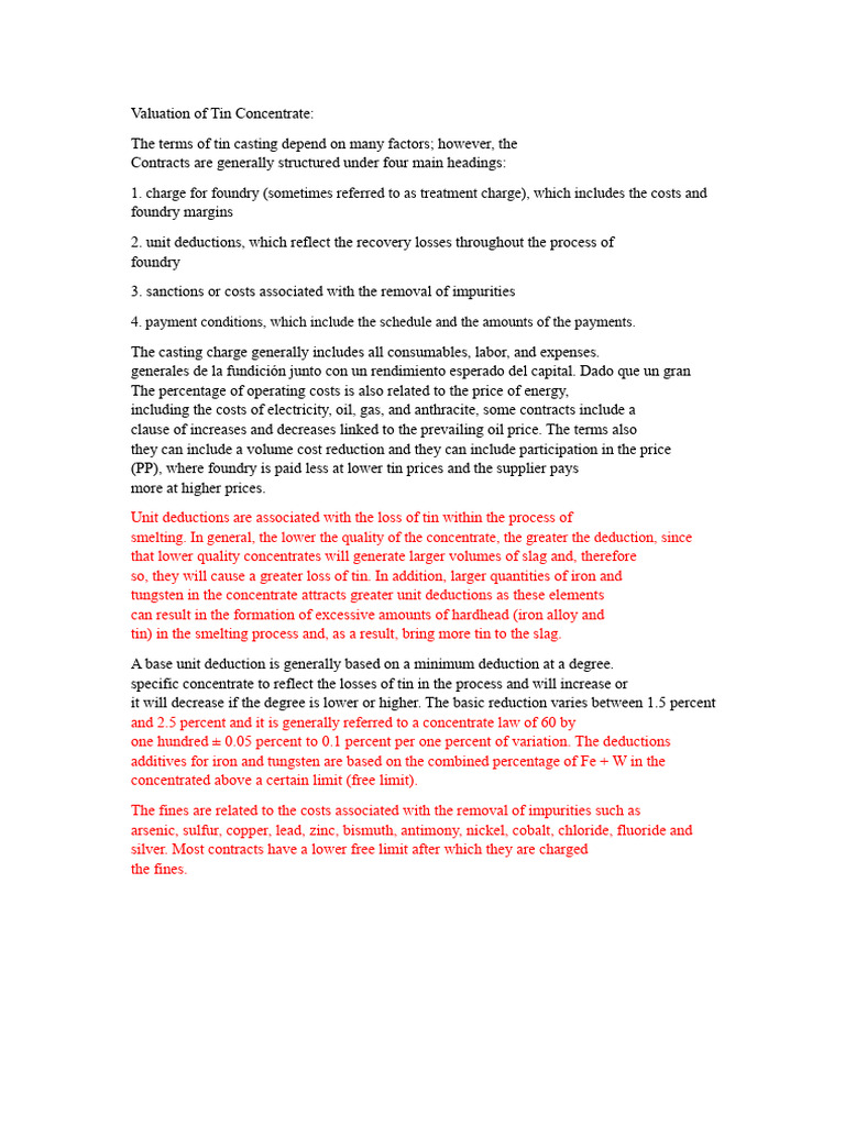 Tin Concentrate Valuation Guide | PDF | Smelting | Tin