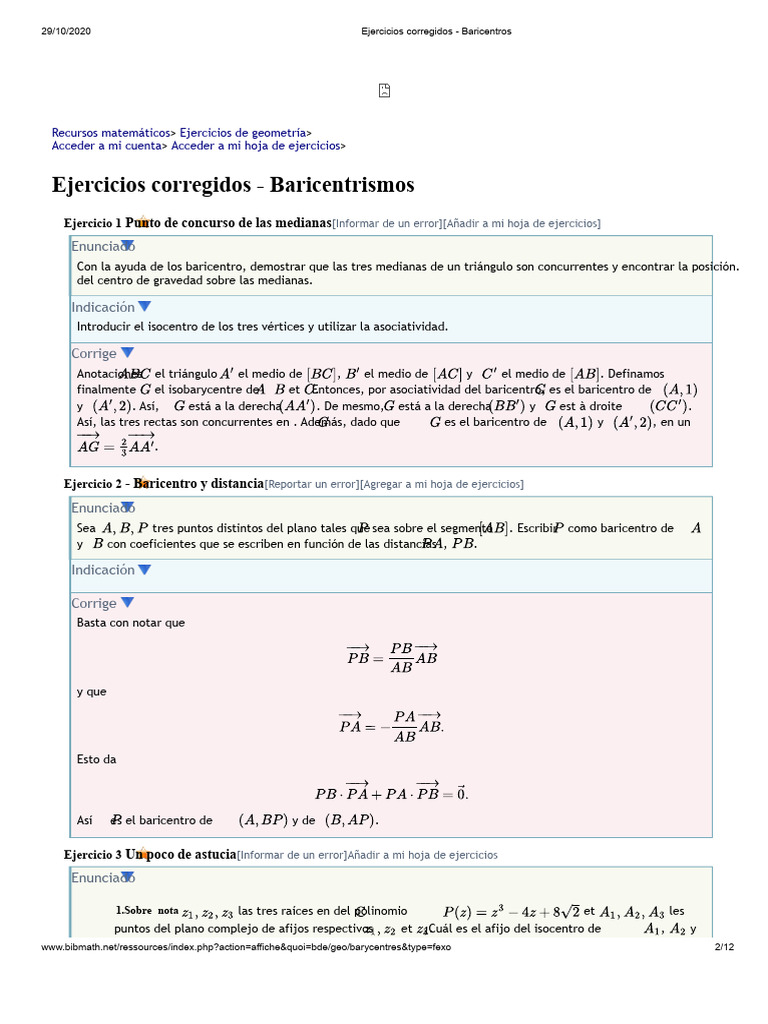 Ejercicios Corregidos - Barycentros - Bibmath | PDF | Conjunto convexo | Triángulo