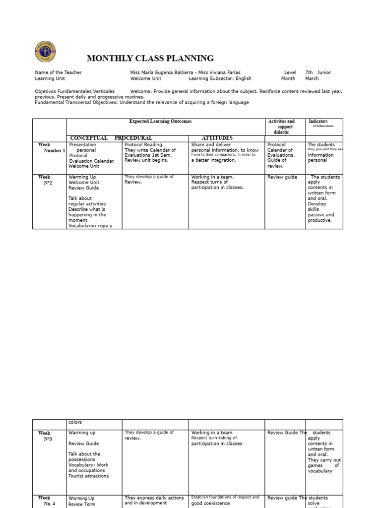Monthly Class Planning | PDF | Mathematics | Human Communication