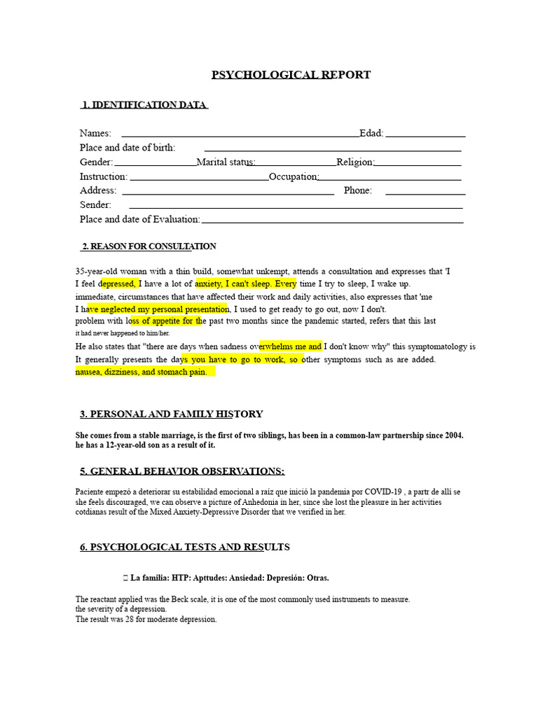 Psychological Report: Anxiety-Depressive Disorder | PDF | Major ...