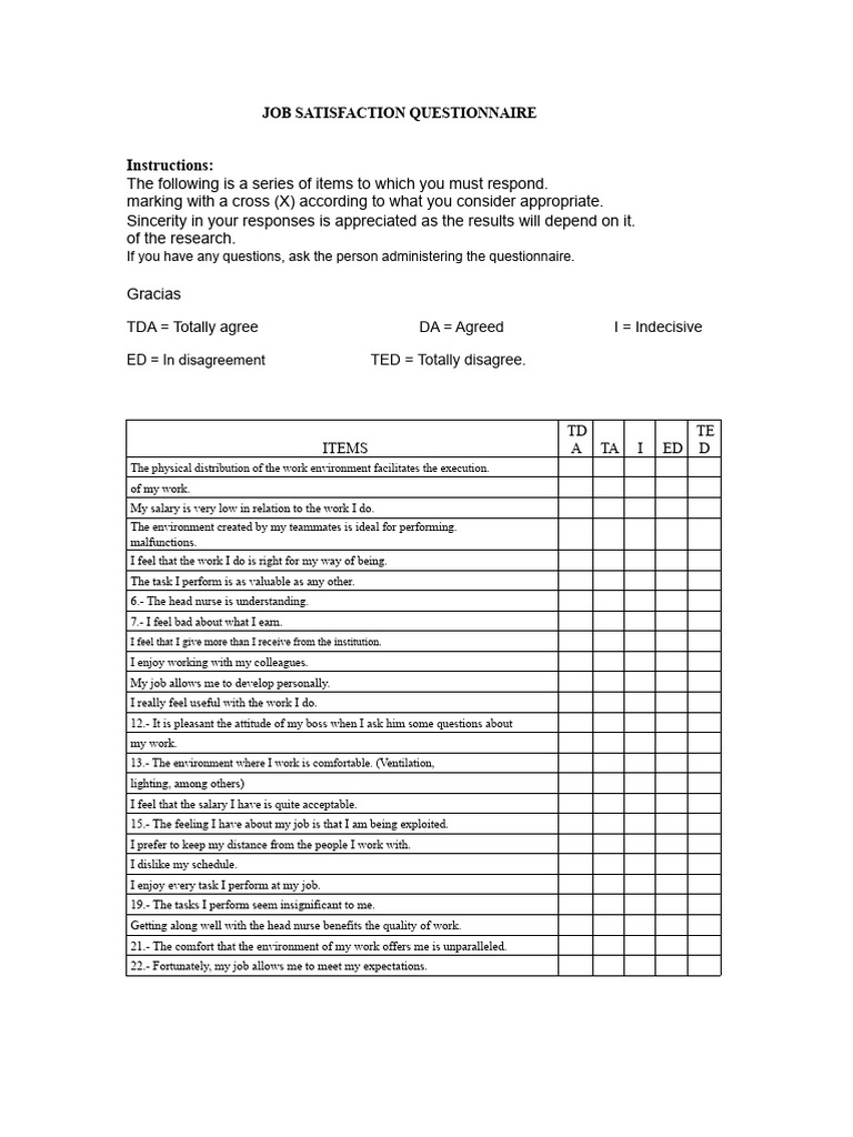 Job Satisfaction Questionnaire Guide | PDF | Job Satisfaction ...