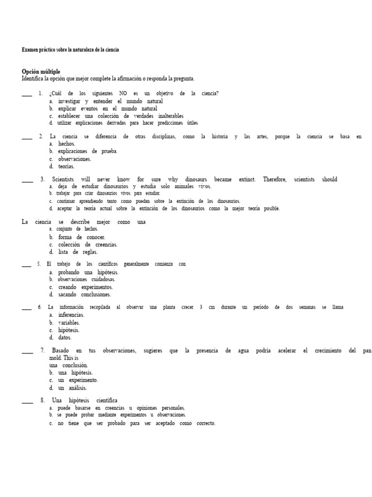 Prueba Práctica de Ciencias Naturales 2016-03467 | PDF | Hipótesis ...