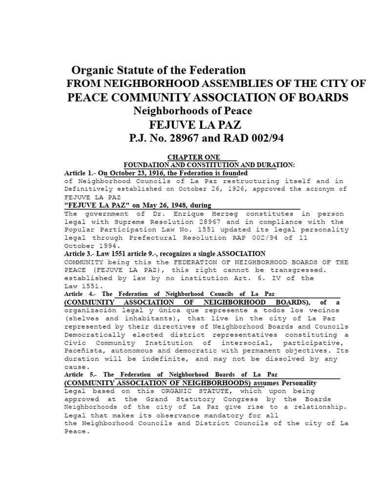Organic Statute of FEJUVE La Paz | PDF | United States Congress ...