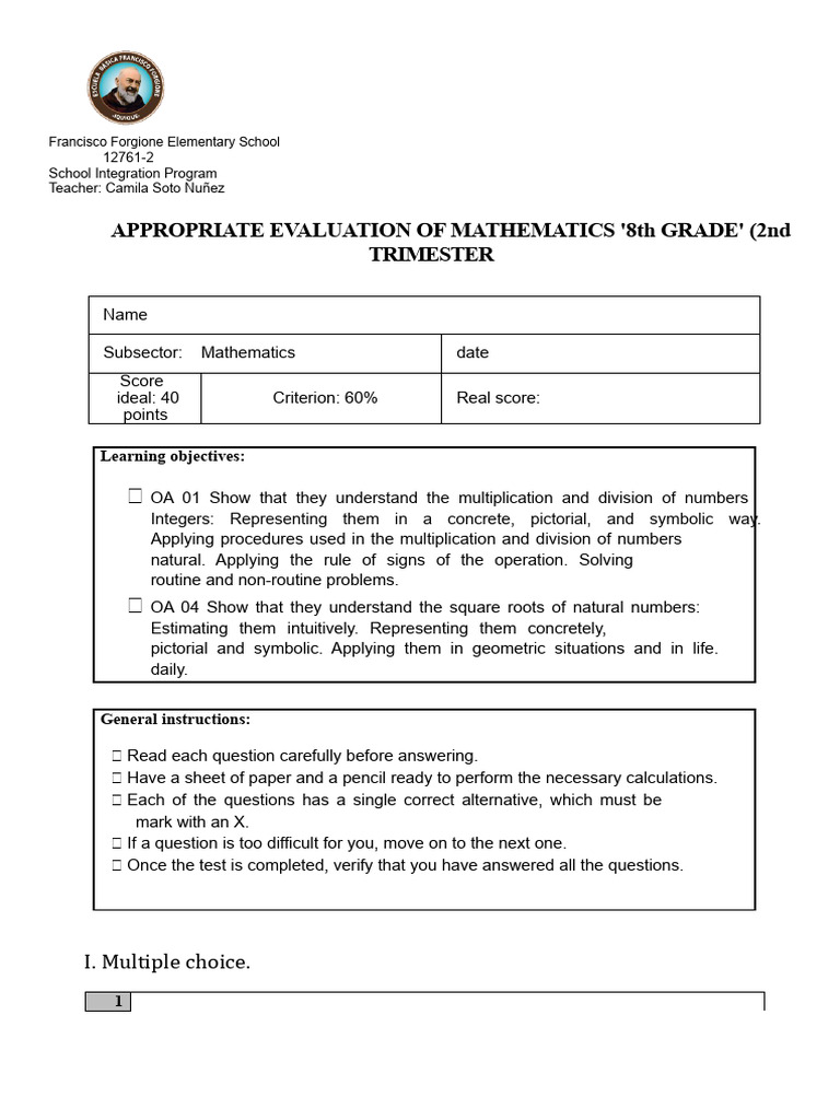 Mathematics Assessment 8th Grade Second Quarter Original | PDF ...