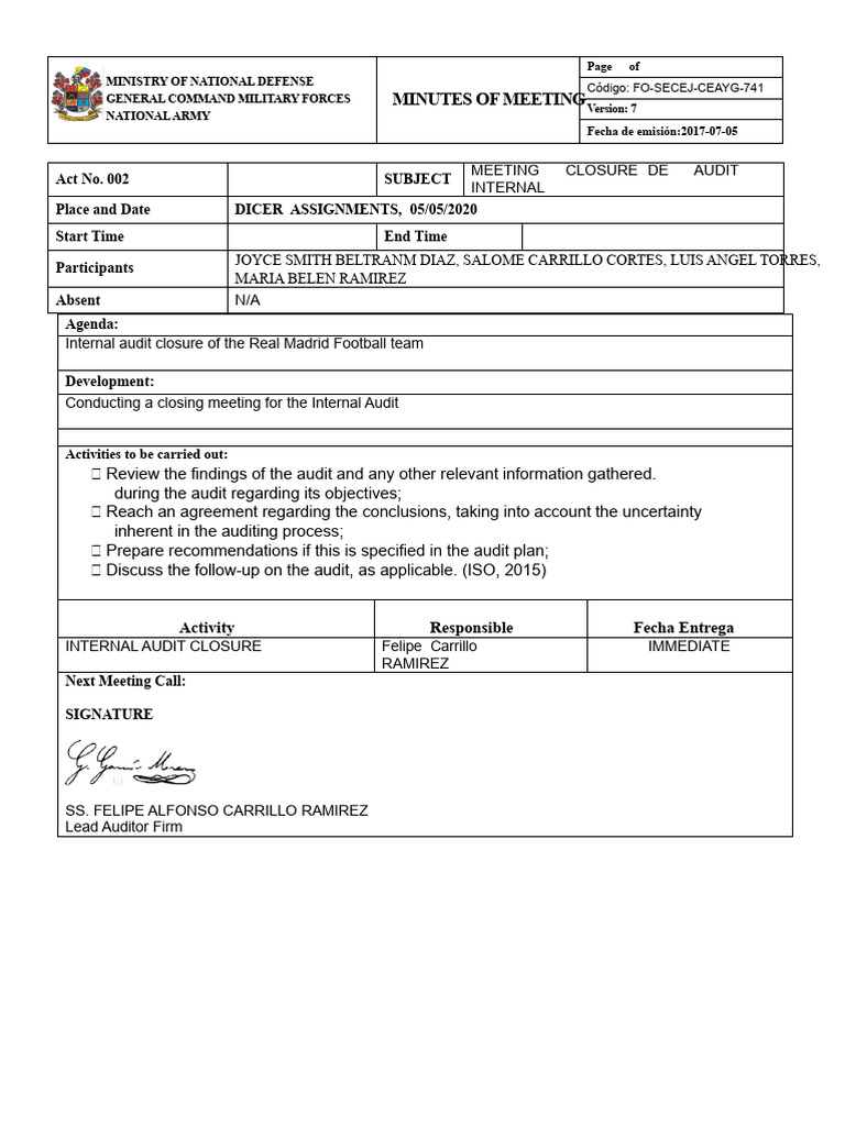 Minutes of Internal Audit Closure Meeting | PDF | Internal Audit ...