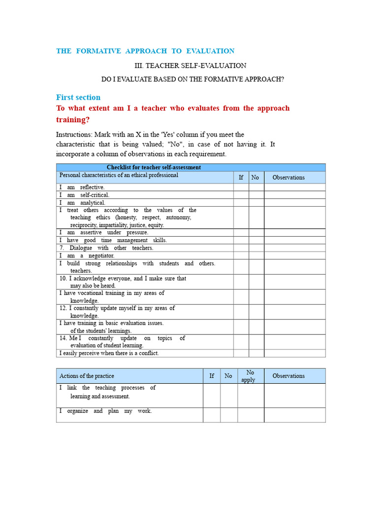 TEST Teacher Self-Assessment SEP | PDF | Evaluation | Educational ...