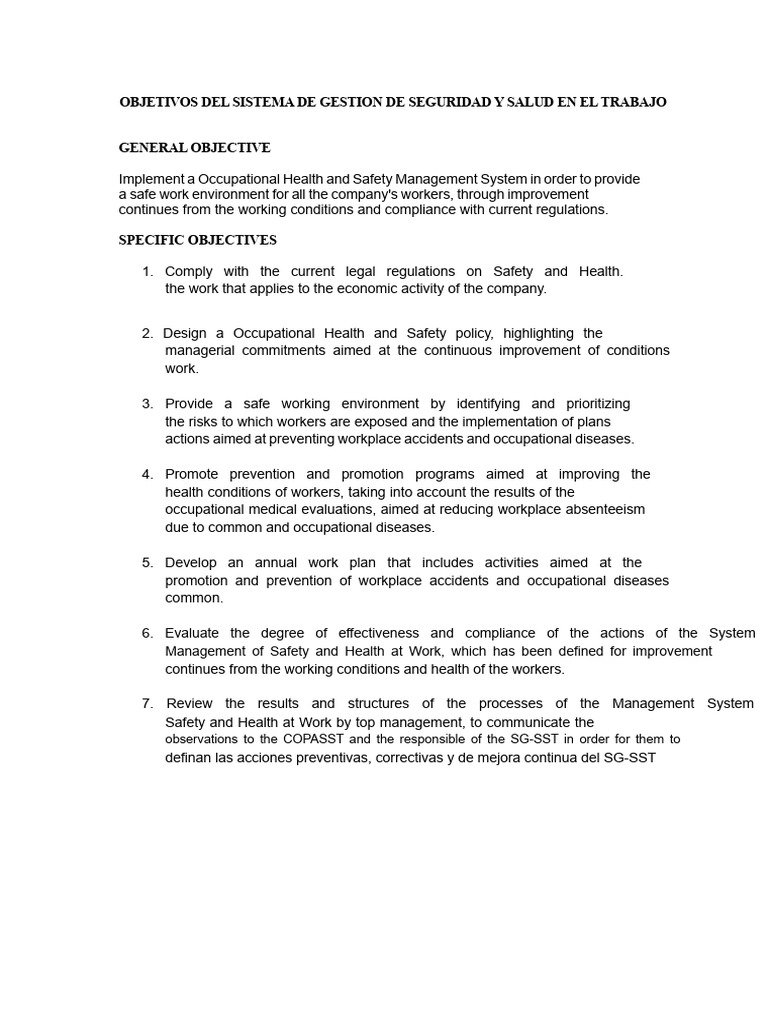 Objectives of The Occupational Health and Safety Management System | PDF