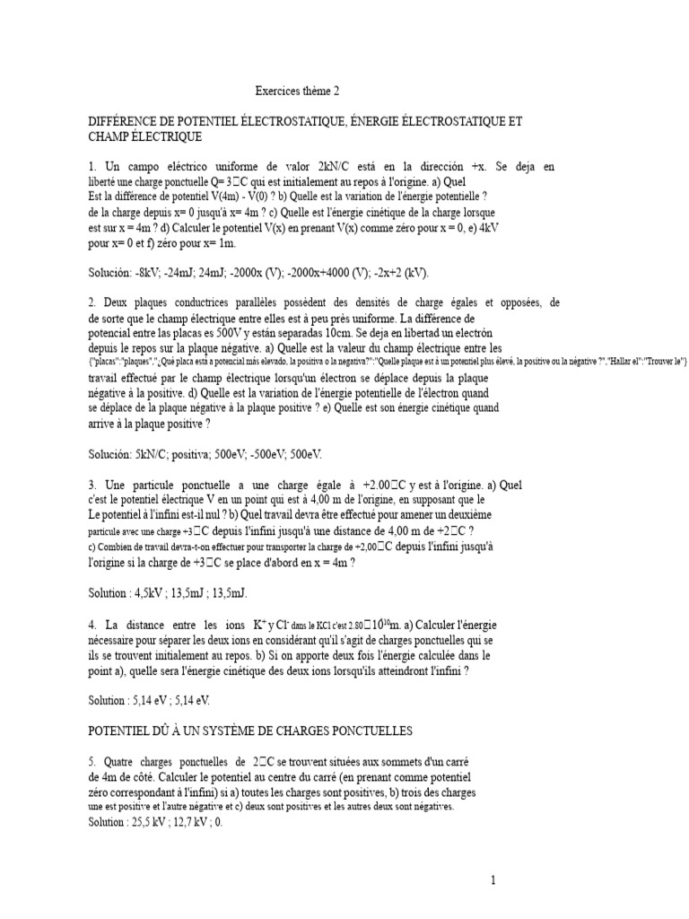 Exercices sur le potentiel et champ électrique | PDF | Condensateur ...