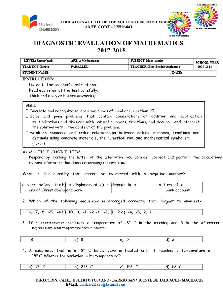 Eighth Grade Math Diagnostic Test | PDF | Numbers | Multiple Choice