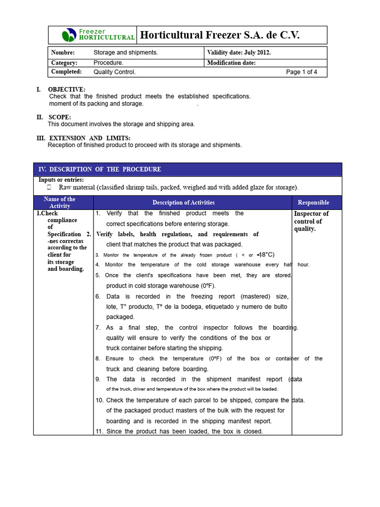 Storage and Shipping Procedure | PDF | Specification (Technical Standard)