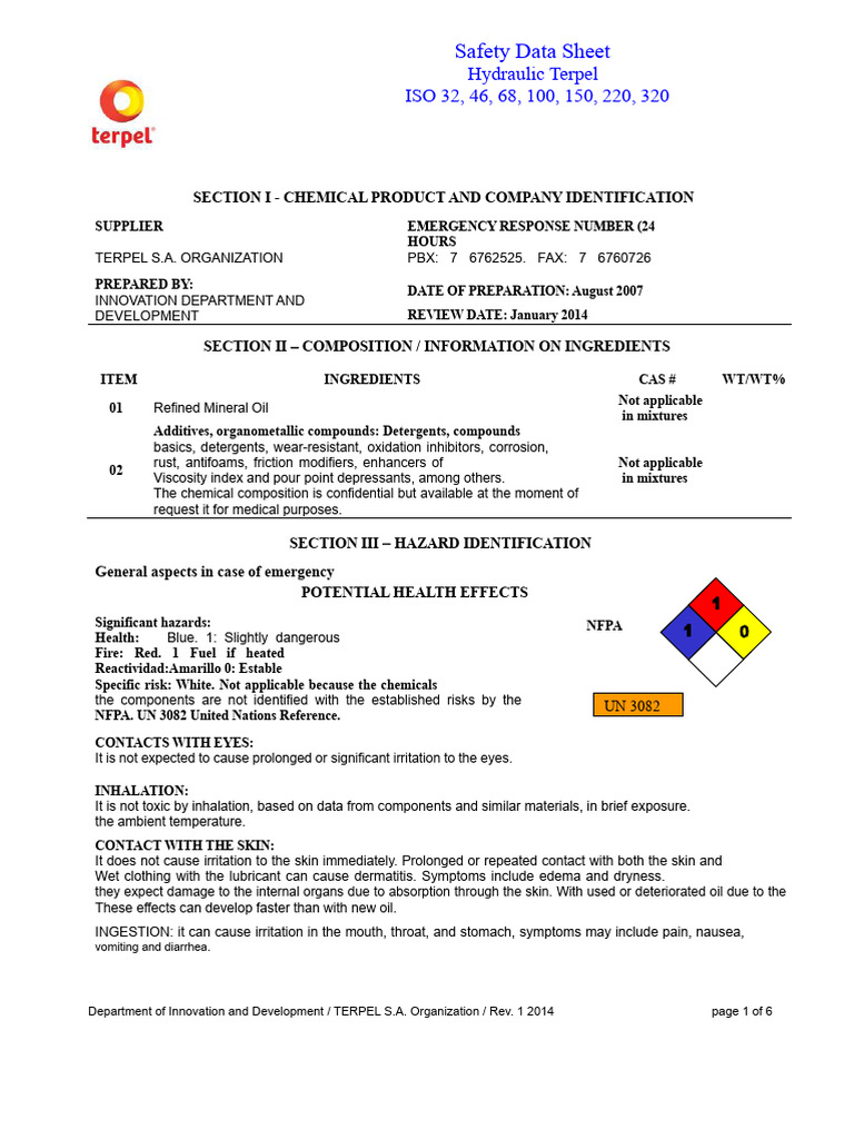 10 Safety Data Sheet Hydraulic Oil | PDF | Toxicity | Firefighting