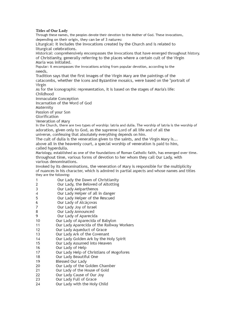 Titles of Our Lady: A Comprehensive Guide | PDF | Mary, Mother Of Jesus ...