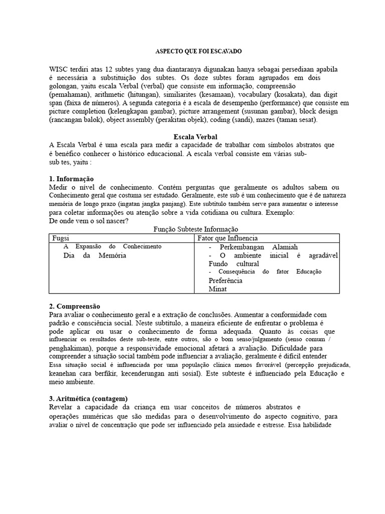 Estrutura e Funções do WISC | PDF | Aprendizado | Pensamento