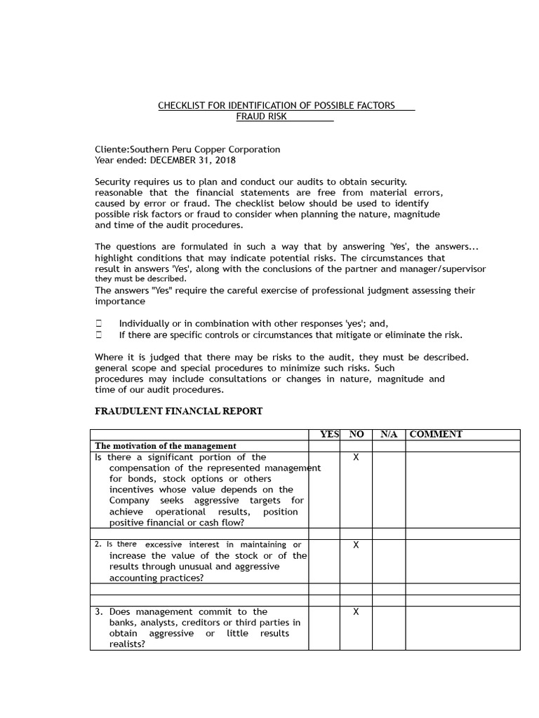 Fraud Risk Factors Checklist for Audits | PDF | Audit | Internal Control