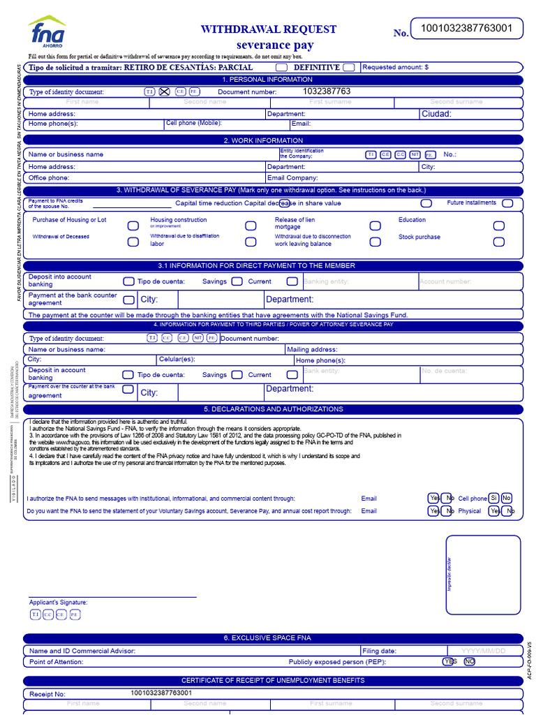 Severance Pay Withdrawal Request Form | PDF | Banks | Identity Document