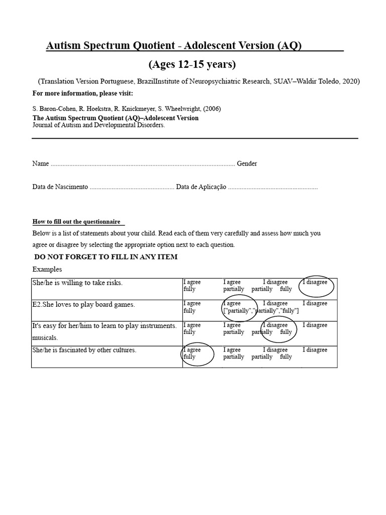 Scale - ASD (12 To 15 Years) | PDF | Autism | Behavioural Sciences