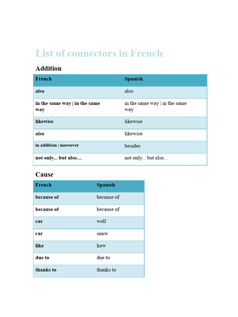 Connectors in French. | PDF | Linguistics