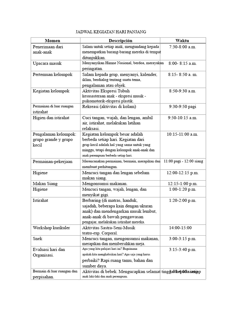 Jadwal Kegiatan Program Perpanjangan Waktu Tingkat Awal | PDF