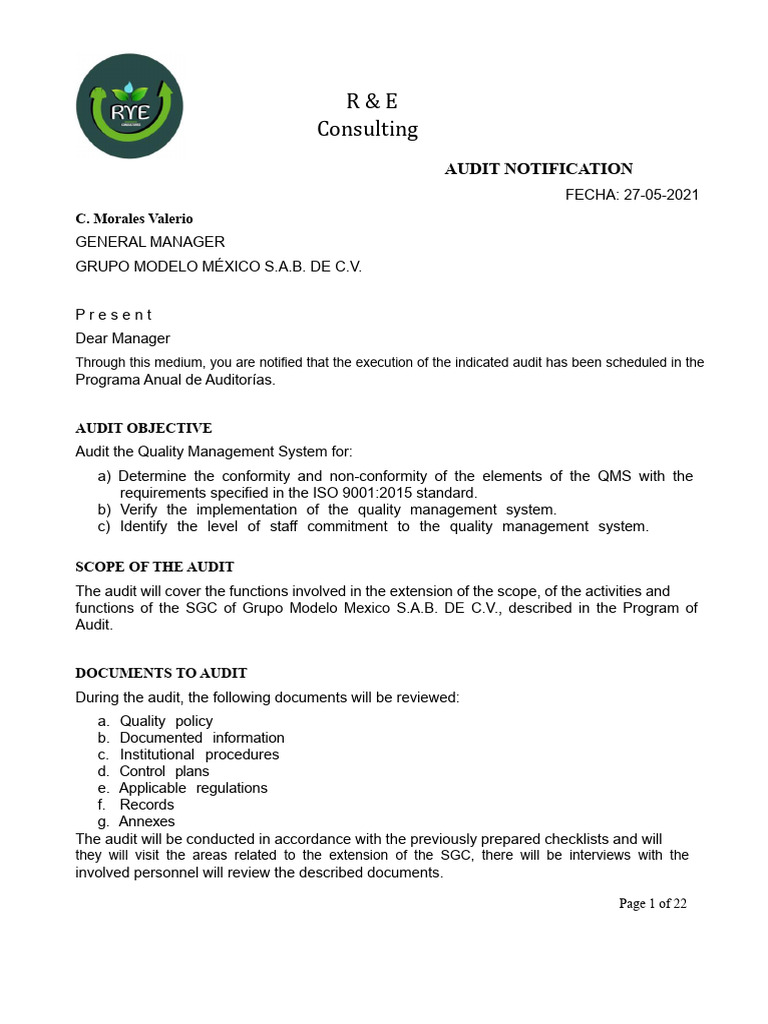 Audit Notification | PDF | Audit | Quality Management System