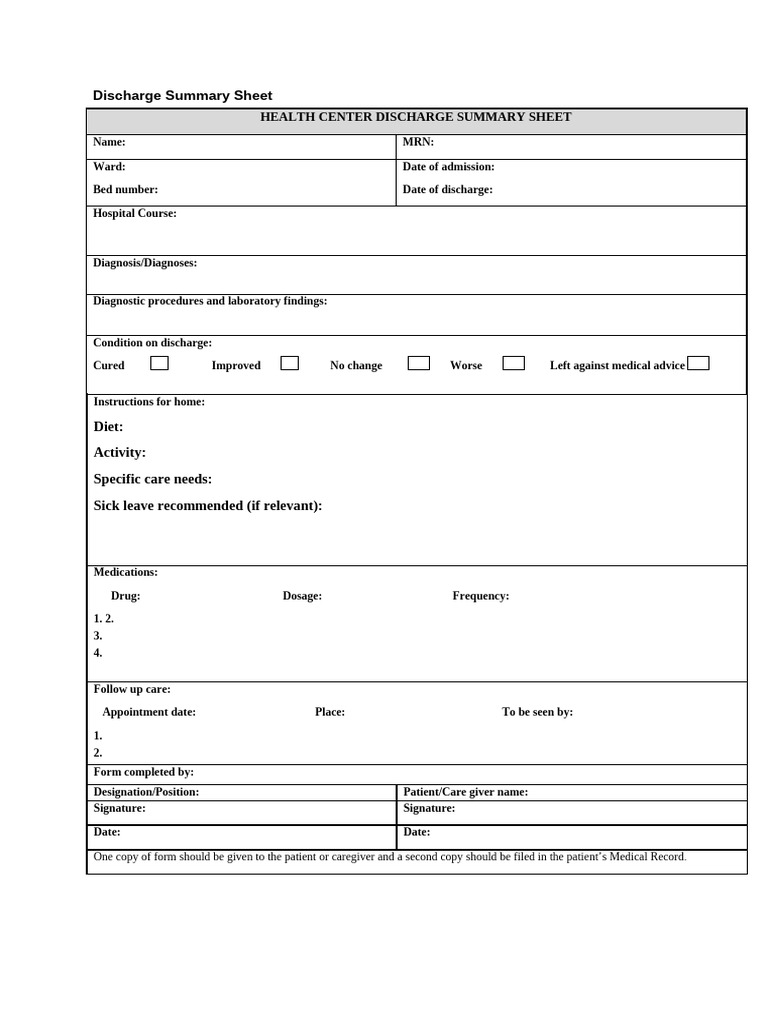 Discharge Summary Sheet | PDF