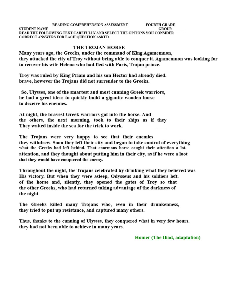 Reading Comprehension Evaluation 4TH Grade The Trojan Horse | PDF ...