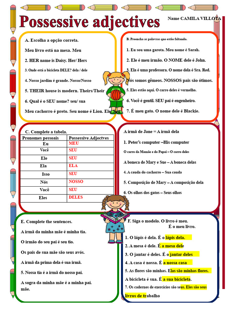 Atividades Divertidas Jogos Adjetivos Possessivos - 49071 | PDF | Pronome