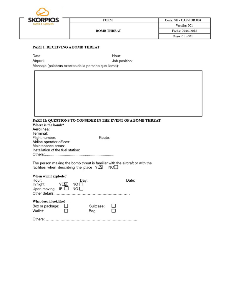 Bomb Threat Response Form Template | PDF | Transport | Aviation