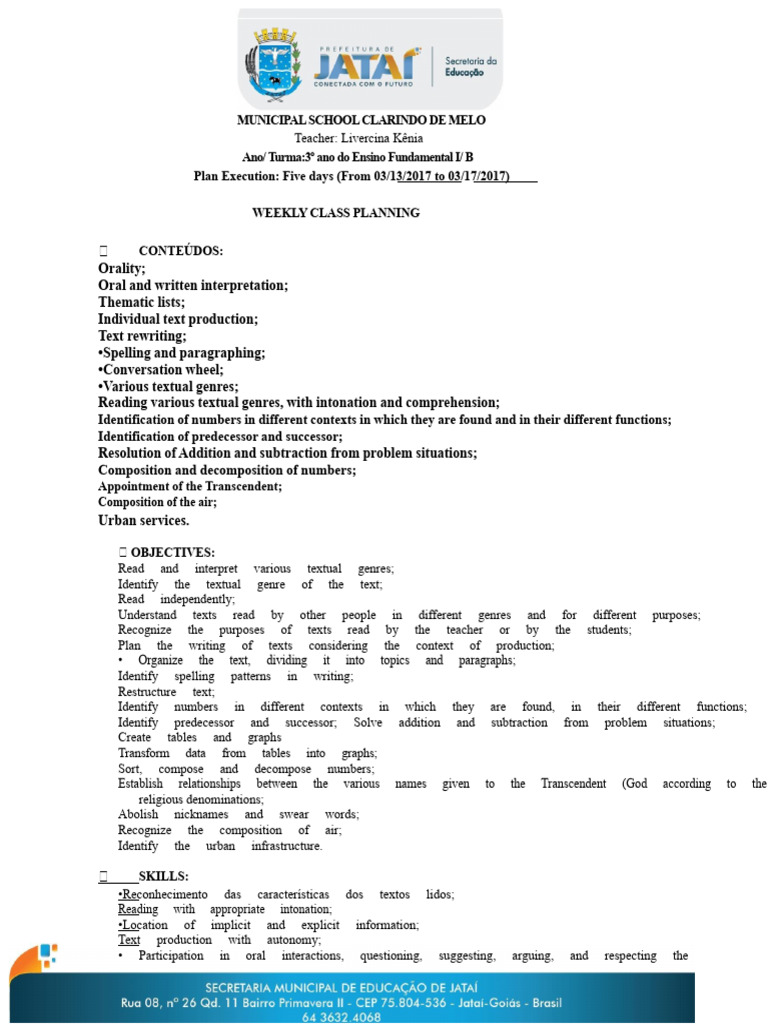 Lesson Plan March 13 - Third Year of Elementary School I | PDF | Human ...