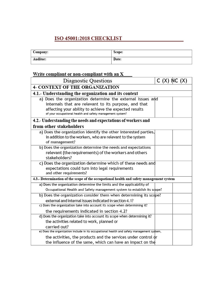 ISO 45001:2015 Checklist For Occupational Health and Safety Management ...