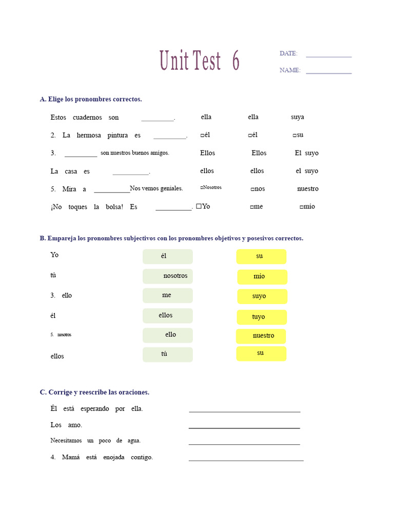 Gramática en Foco 1 Pruebas de Unidad 6-10 | PDF