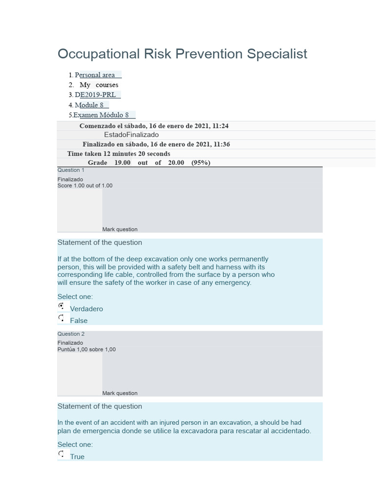 Exam 8 Occupational Risk Prevention Specialist | PDF | Trench