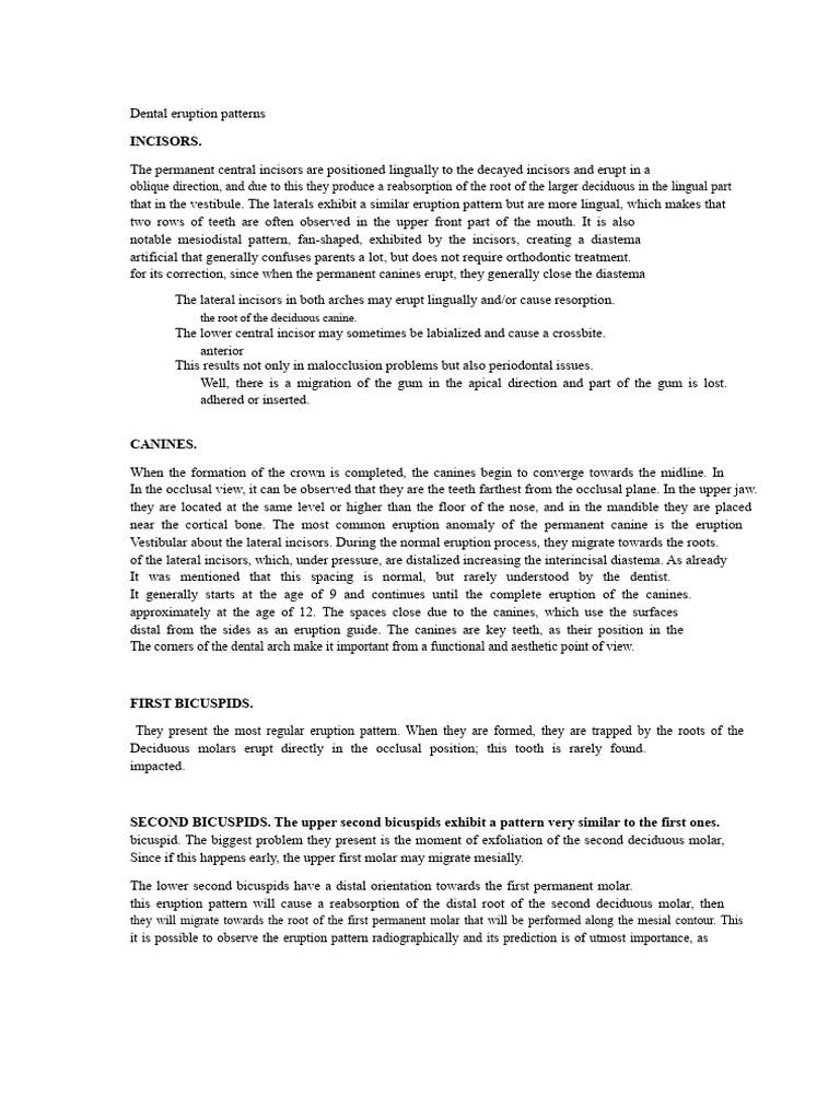 SUMMARY Patterns of Dental Eruption | PDF | Dental Anatomy | Human Tooth