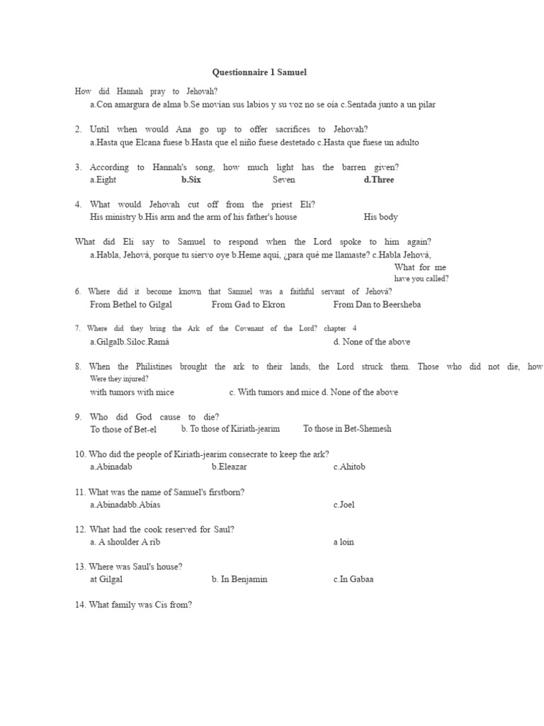 Questionnaire 1 Samuel Exam | PDF | Saul | David