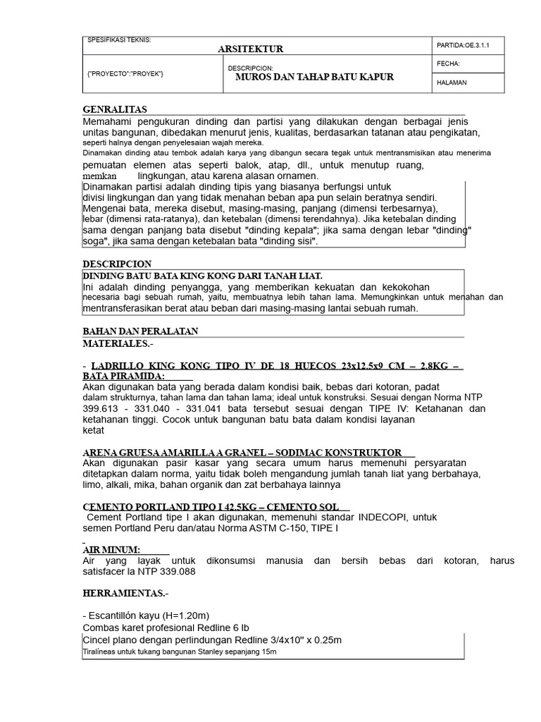 Spesifikasi Dinding dan Partisi Masonri | PDF