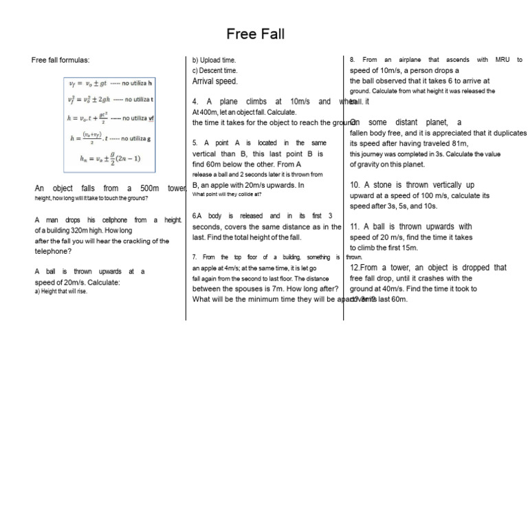 Free Fall Calculations and Formulas | PDF | Astrophysics | Dynamics ...