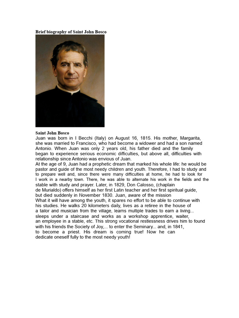 Brief Biography of Saint John Bosco | PDF