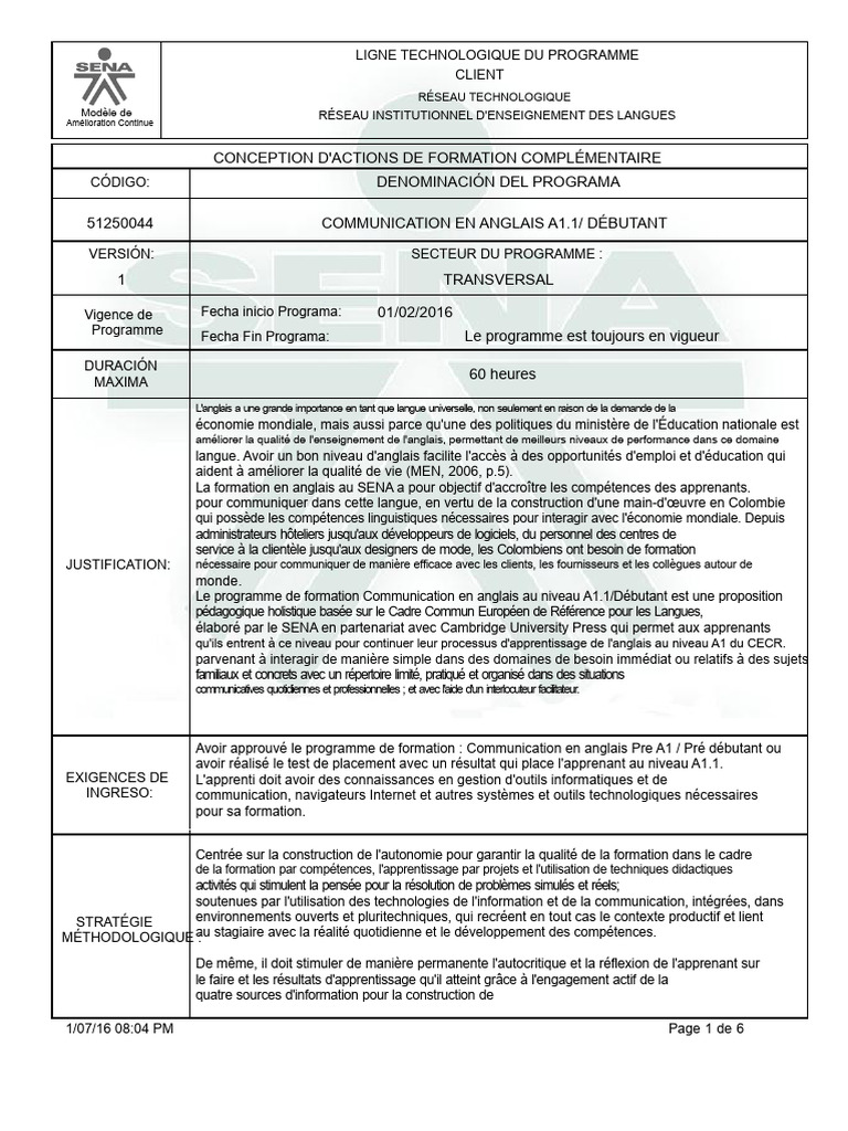 Formation Anglais A1.1 : Compétences et Objectifs | PDF | Enseignement ...