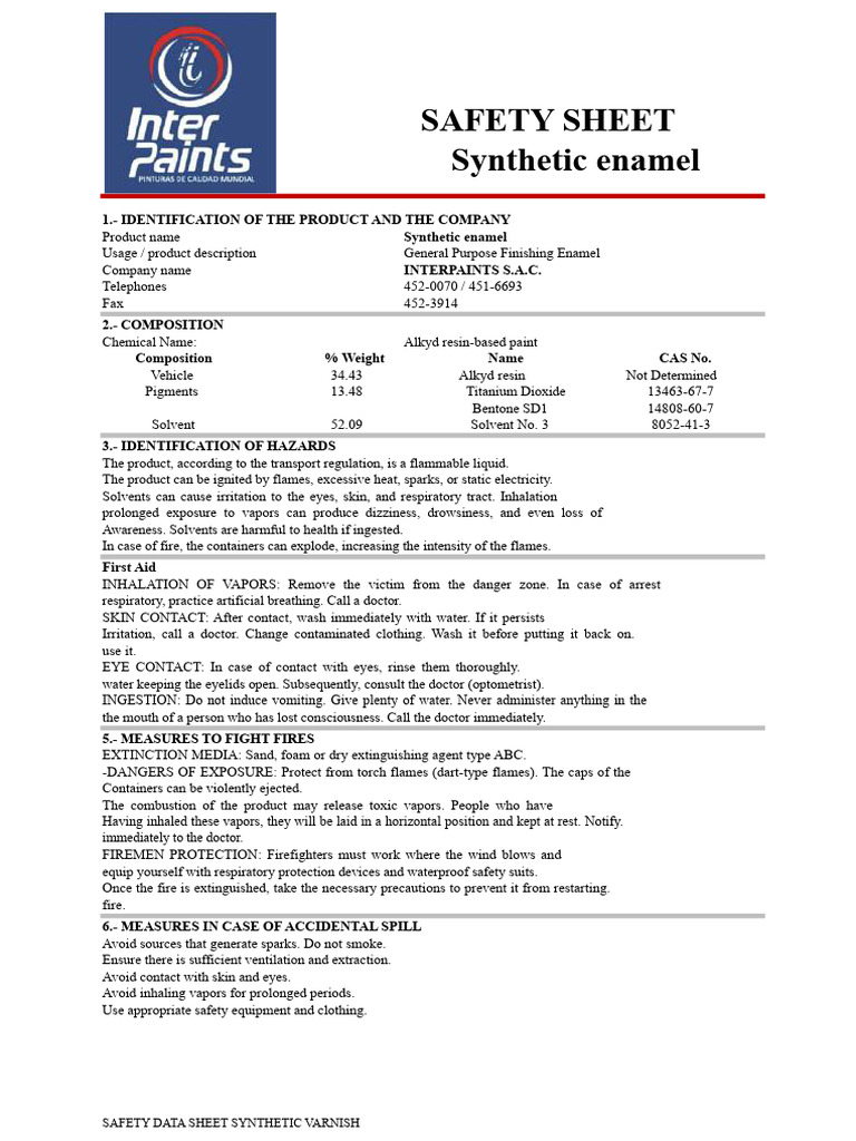 MSDS SYNTHETIC ENAMEL | PDF | Solvent | Firefighting