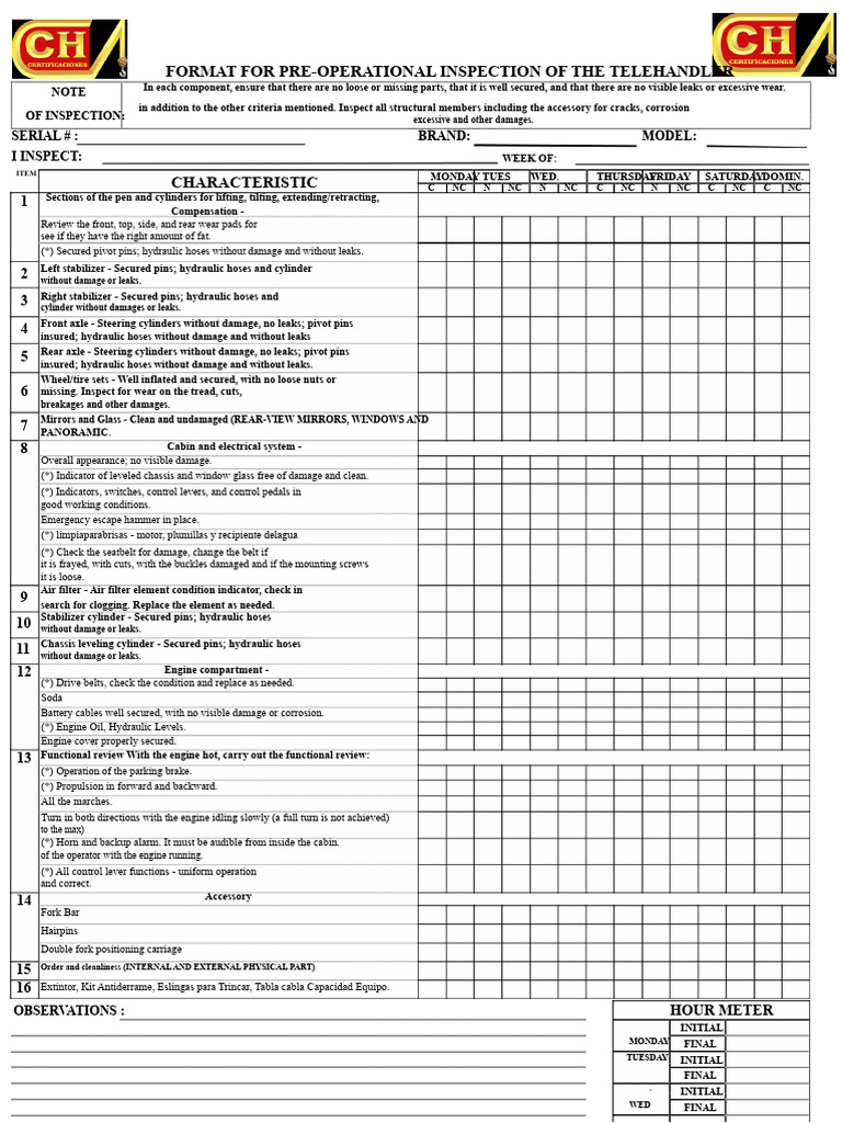 Telehandler Checklist | PDF | Steering | Manufactured Goods