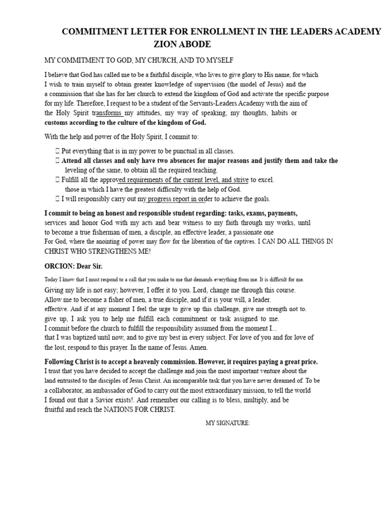 Letter of Commitment For Enrollment in The Morada Sion Leaders Academy ...