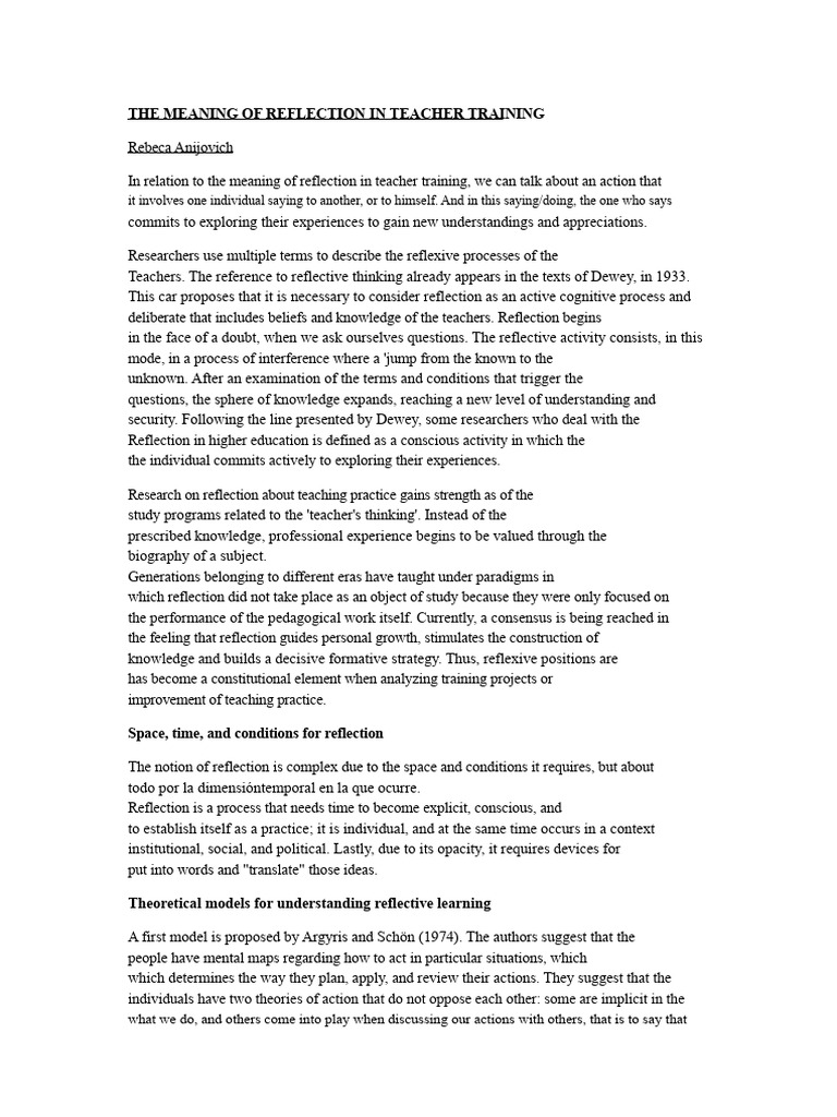 Summary - The Meaning of Reflection in Teacher Training | PDF ...